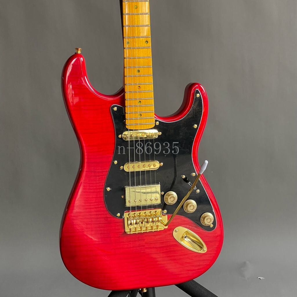 Red Flamed Maple Top ST Electric Guitar Gold Hardware Black Pickguard ...