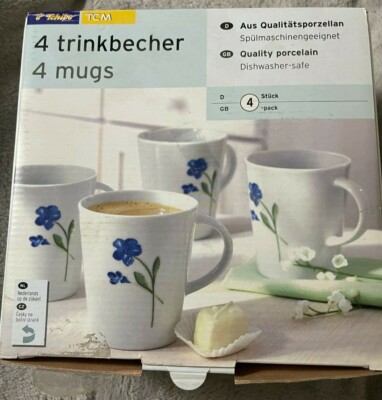 Tchibo/TCM 4-mug set, white with blue flower | eBay