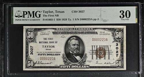1929 $50 Taylor, Texas National Bank Note | PMG 30 || First Name Note ...