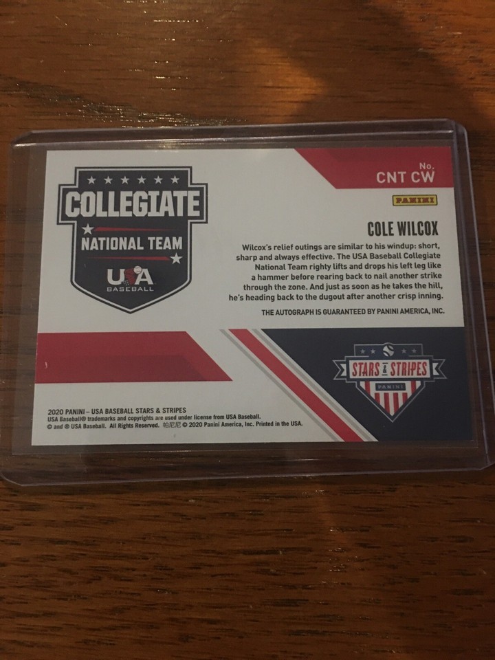 COLE WILCOX 2020 STARS & STRIPES USA BASEBALL COLLEGIATE AUTO 394/499 ...