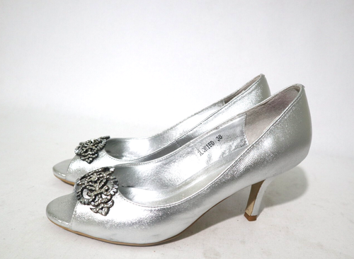 MIDAS Size 7 Womens Leather Silver Colour Peep Toe Rhinestones Glitter ...
