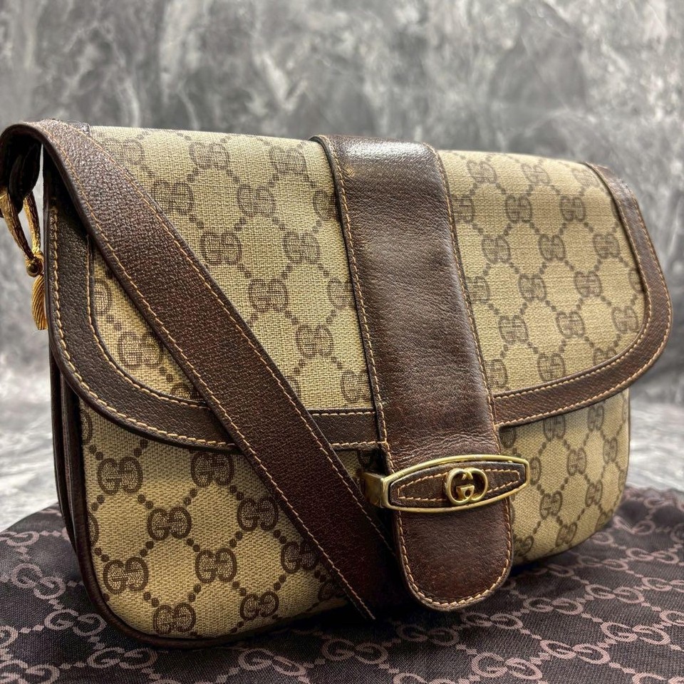 GUCCI Leather PVC Shoulder Bag Beige Brown GG Vintage Gold Hardware Old ...
