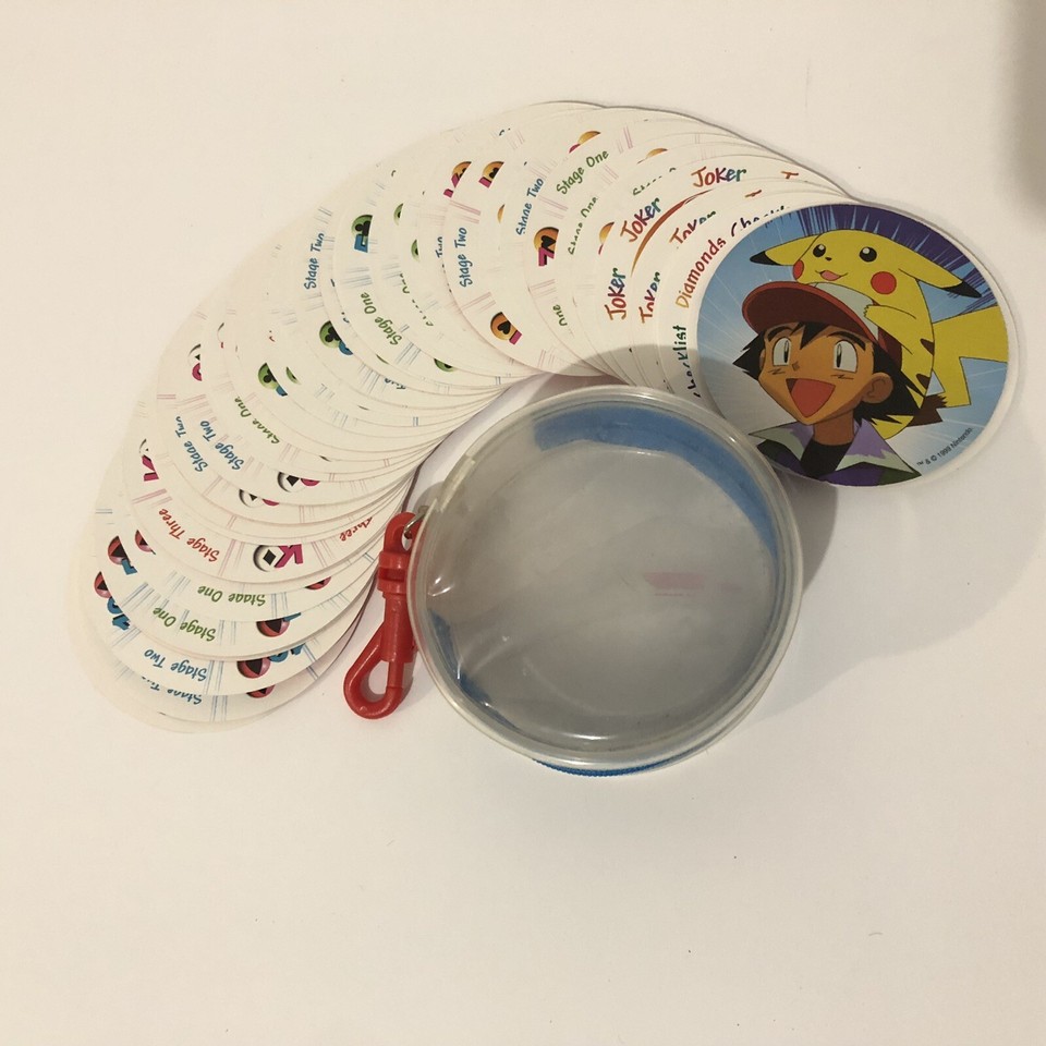 VINTAGE 1999 POKEMON Round Playing Cards in Round Zipped Pouch w/ Red ...