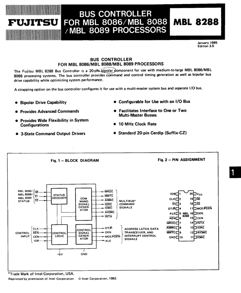 MBL8288 FUJITSU Bus Controller for 8086/8088/8089 CPUs 10MHz CDIP-20 ...