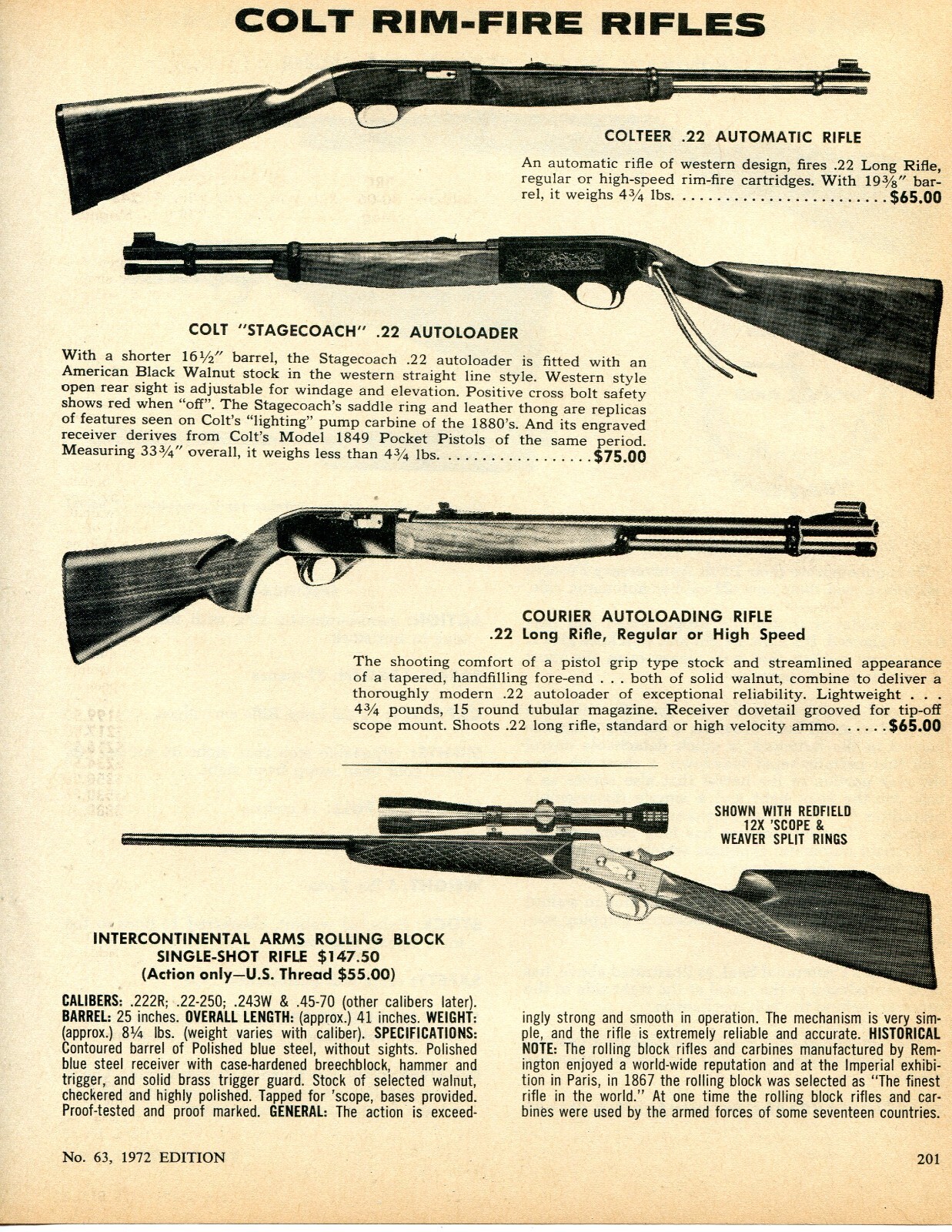 1972 Print Ad of Colt Stagecoach, Colteer, Courier Rifle & Rolling ...