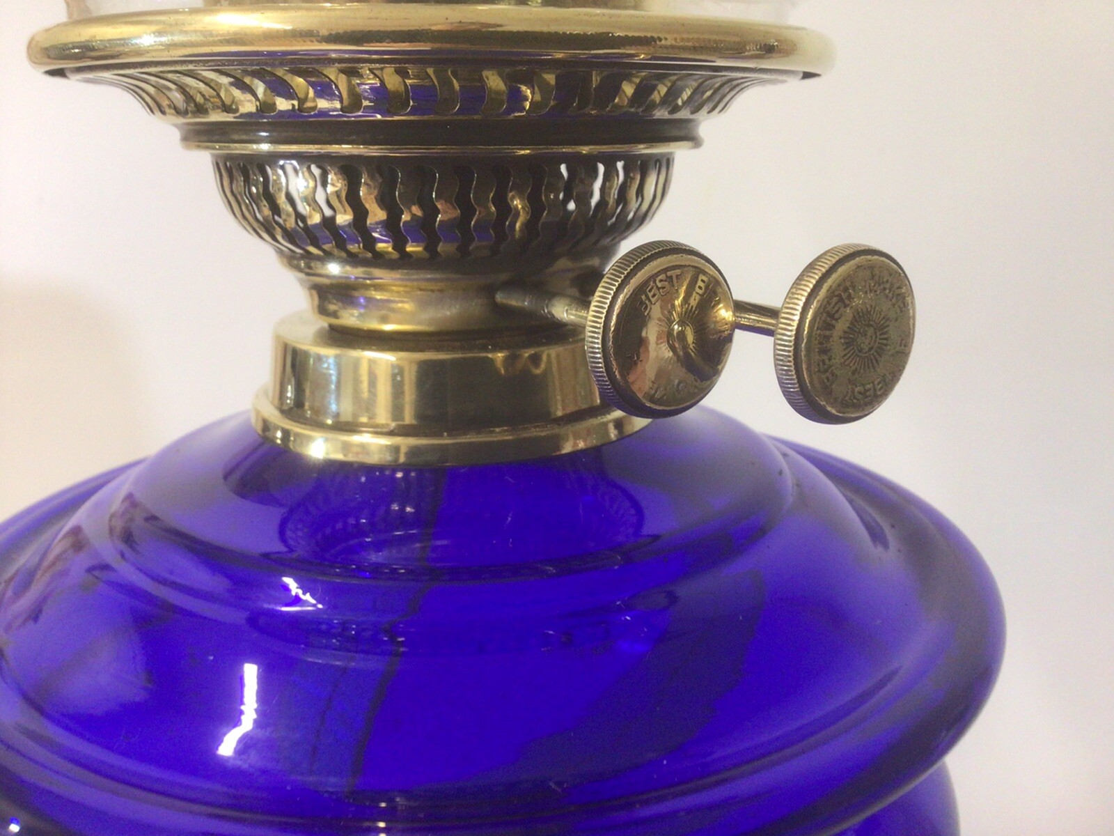 Antique Oil Lamp Duplex Cobalt Blue Glass Font Acid Etched Shade Brass ...