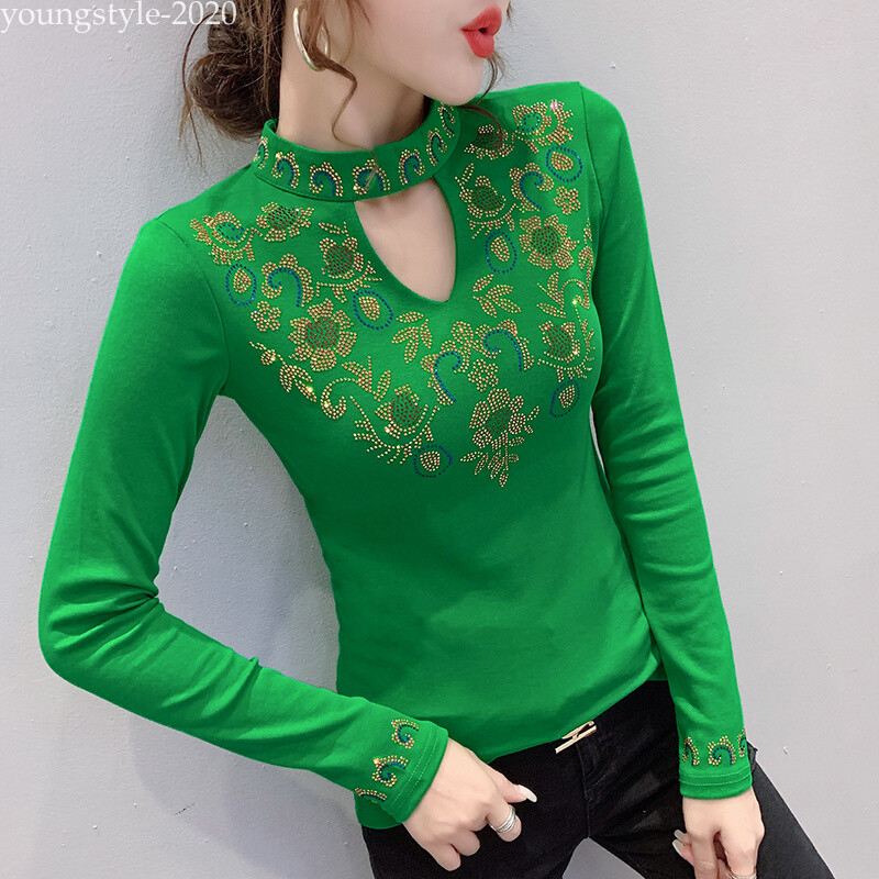 Women Sexy Rhinestone Mesh Sheer Mock Neck Party Club Slim Tops ...