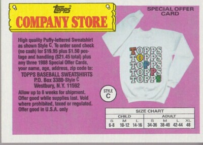 1988 Topps Company Store #NNO Blank Back Style C Sweatshirt Offer Card ...
