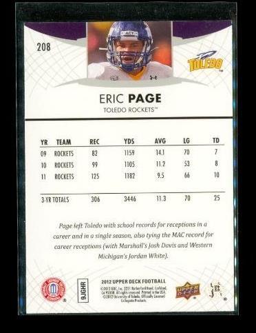 2012 UPPER DECK STAR RC College Football Card #208 ERIC PAGE Rockets ...