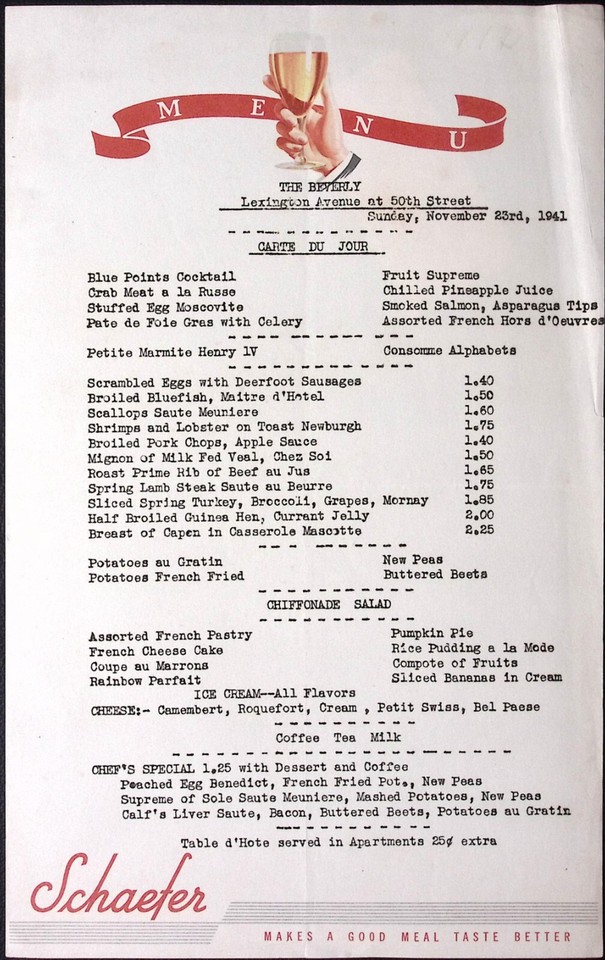 1941 The Beverly Menu NEW YORK CITY Schafer Beer Makes a Good Meal ...