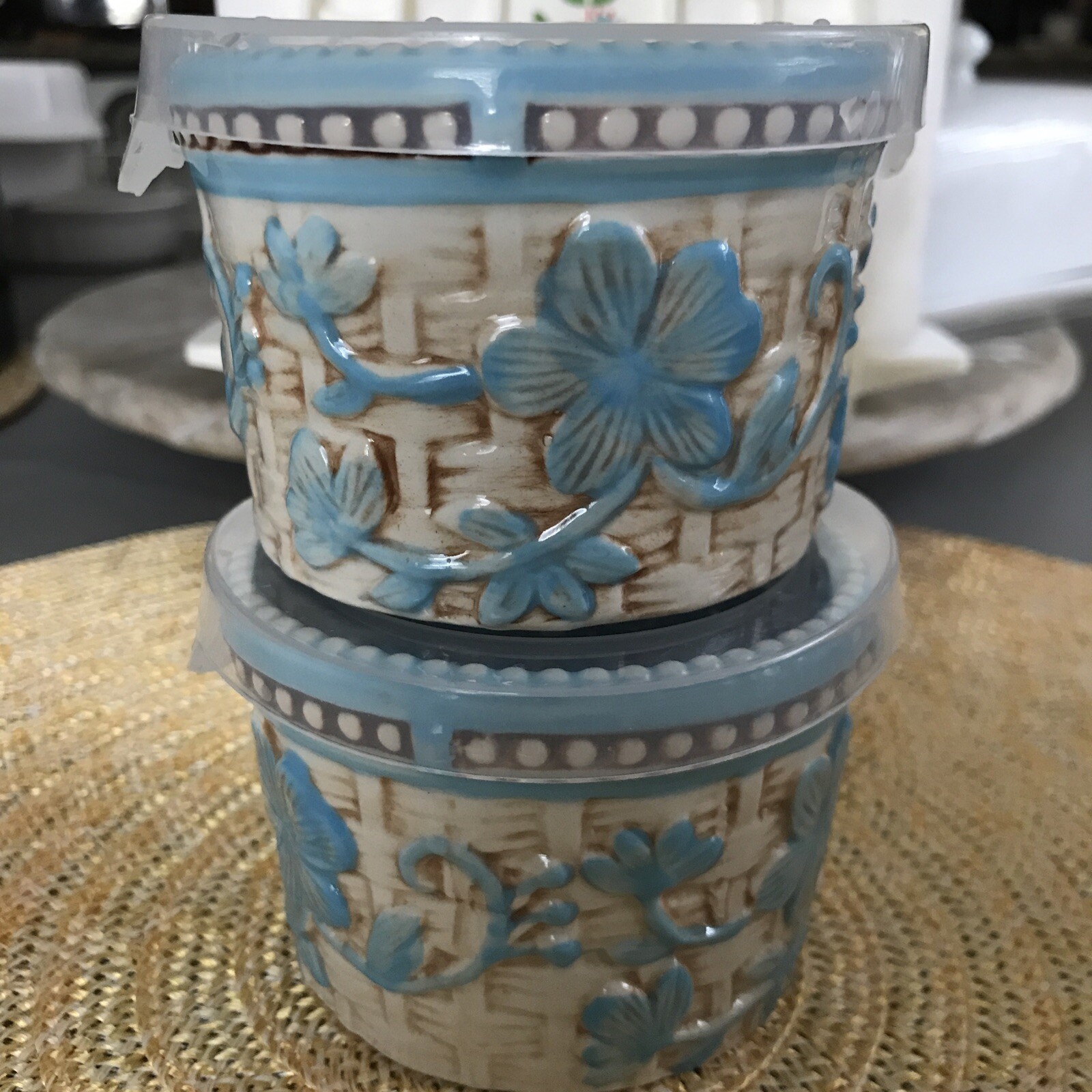 2 Temptations By Tara Teal/Blue Floral Lace 8 oz Ramekins w/Lids EUC ...