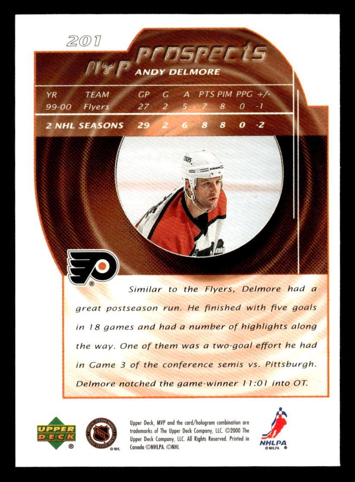 Andy Delmore 2000 Upper Deck MVP #201 Philadelphia Flyers | eBay