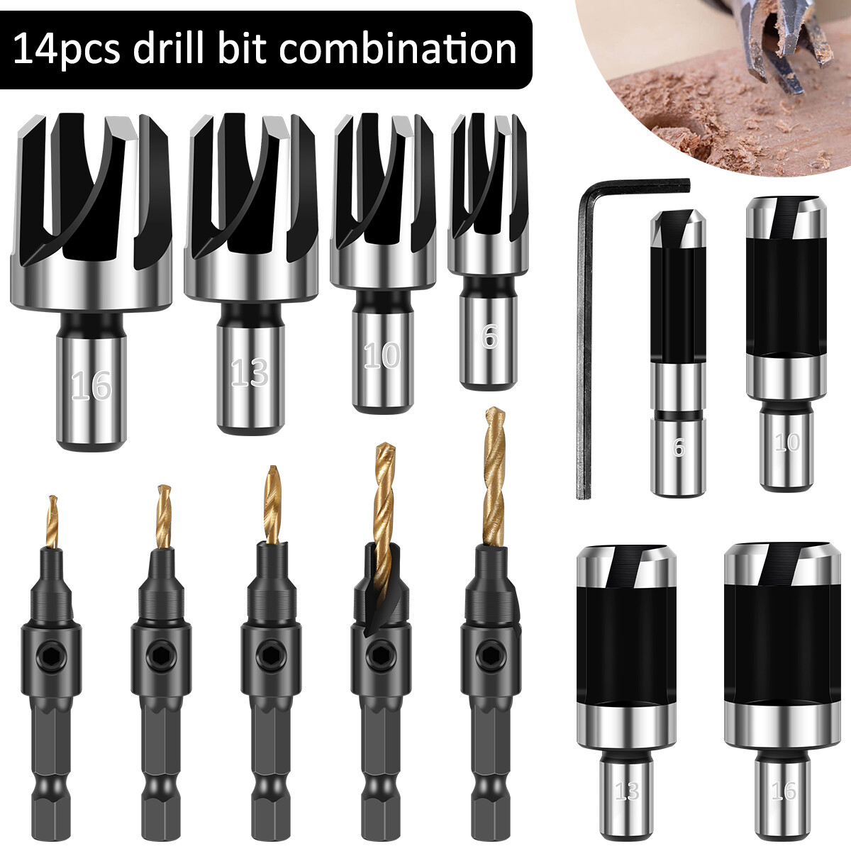 14Pcs Countersink Drill Bit Set Tapered Drill Bits Wood Metal Plastic ...