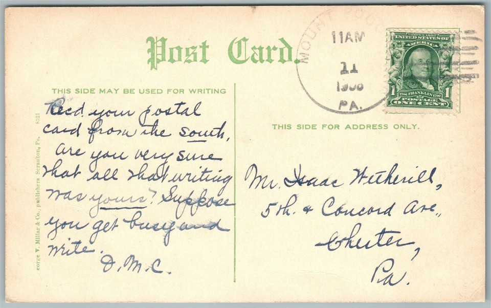 MT.POCONO PA MINAUSIN LAKE 1908 ANTIQUE POSTCARD | eBay