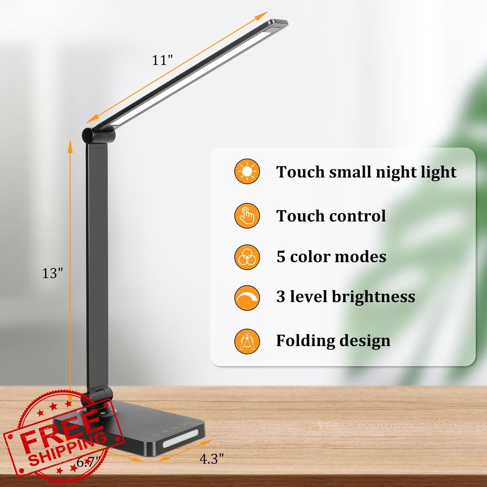 LED Desk Lamp USB Ports 5 Color Modes 3 Brightness Study Black | eBay