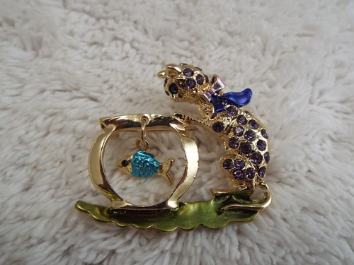 Goldtone Cat Fish Bowl Purple Rhinestone Pin (D25) | eBay