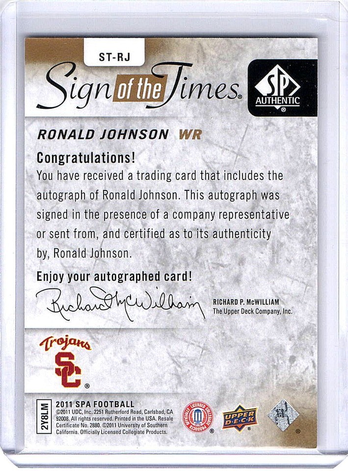 Ronald Johnson 2011 SP Authentic Sign of the Times Autograph Gold USC # ...