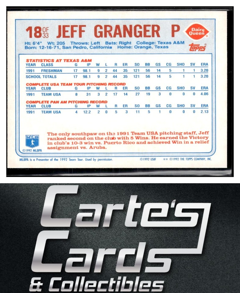 Jeff Granger 1992 Topps Dairy Queen Team USA #18 USA | eBay