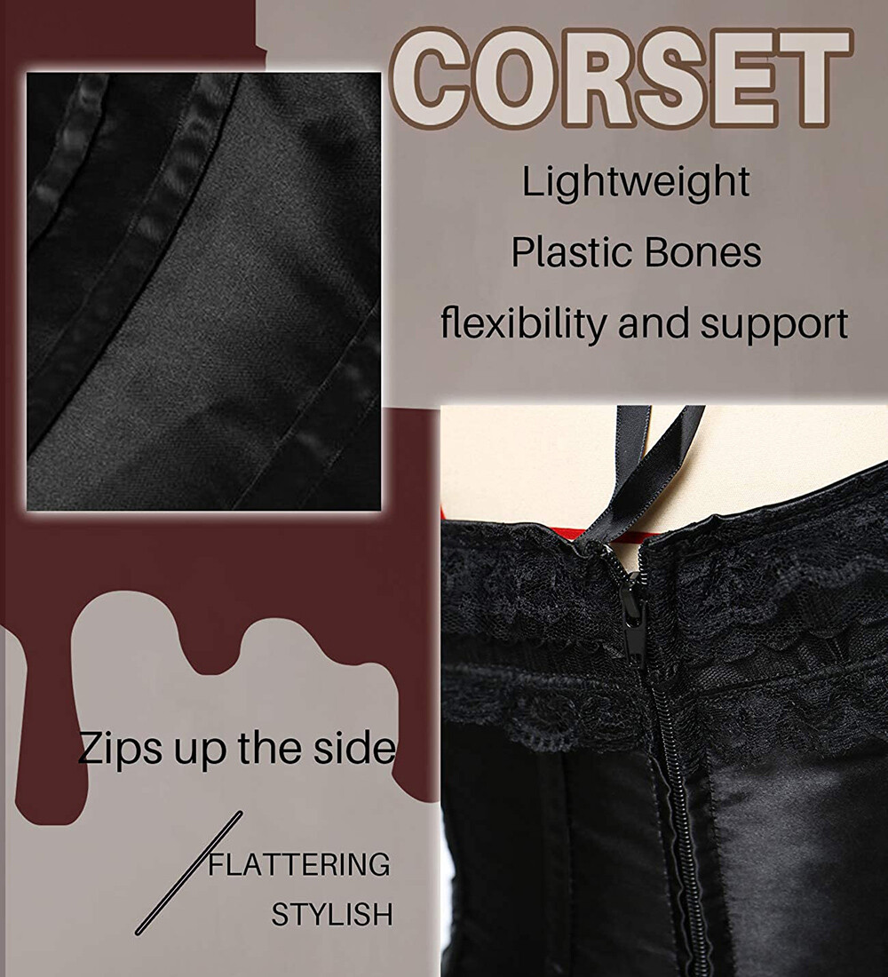 Women 12 Plastic Bones Waist Cincher Overbust Satin Corset Lace-Up Sexy ...