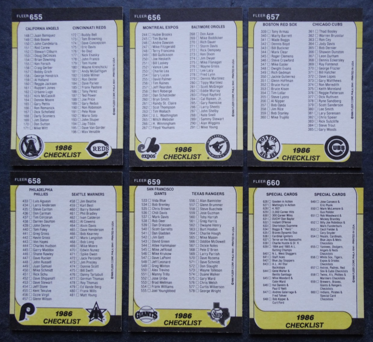 1986 Fleer Unmarked Checklist Team Set Of 7 Baseball Cards | eBay
