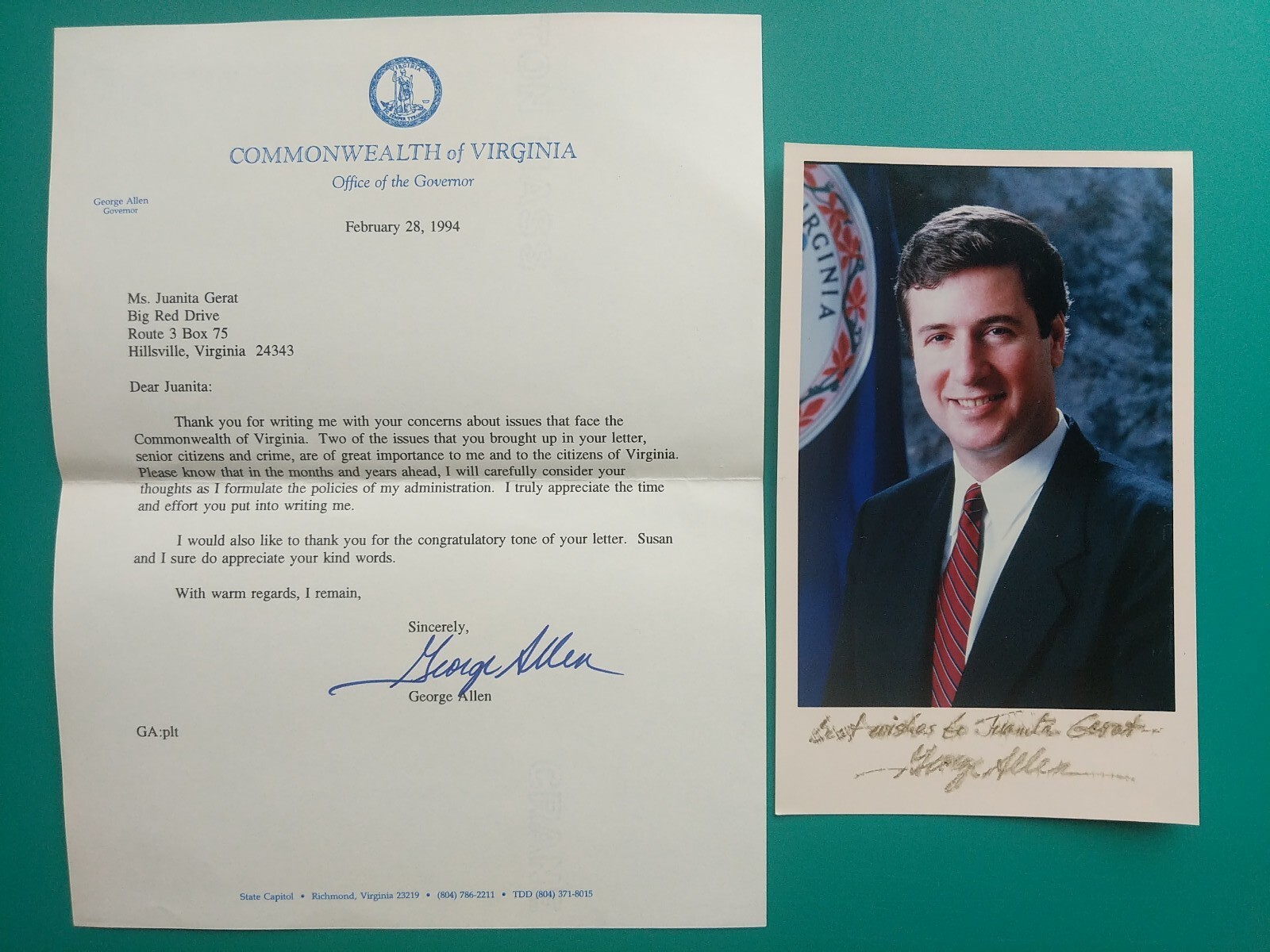 George Allen Governor Virginia Memorabilia Autographed 5X8 Photo ...