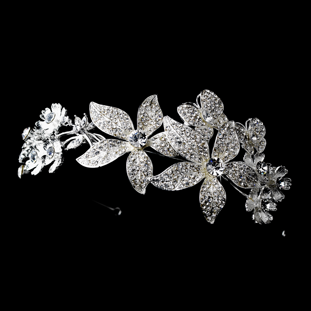 Spring Silver Clear Crystal Butterfly Flower Side Accent Bridal Prom ...