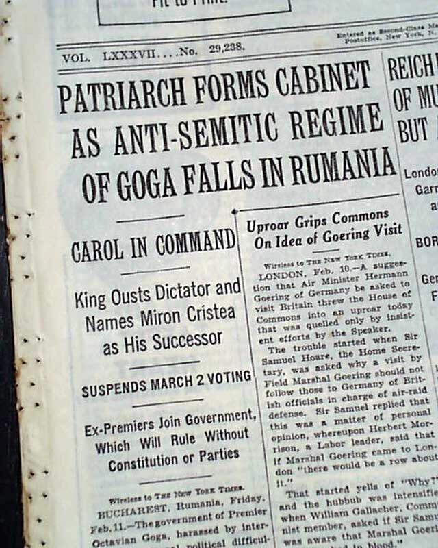 OCTAVIAN GOGA King Carol II of Romania & Patriarch Miron Cristea 1938 ...