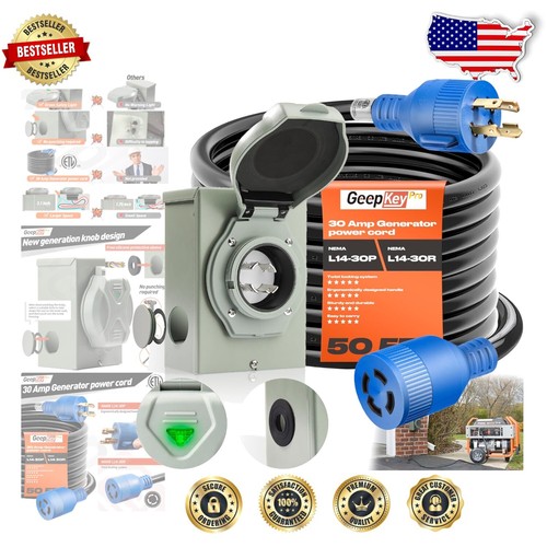 High Power Generator Cord 30 Amp & Inlet Box - 50FT with Safety Light ...