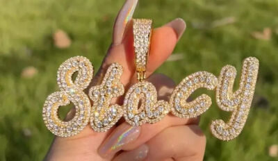 4.30Ct Round Cut Simulated Diamond STACY Name Pendant 1.5' Yellow Gold ...