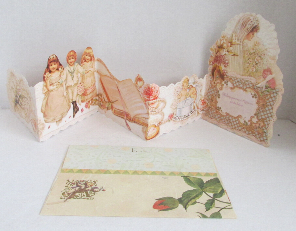 VINTAGE 90's Streamers Wedding Bride Victorian Fold-Out Greeting Card ...
