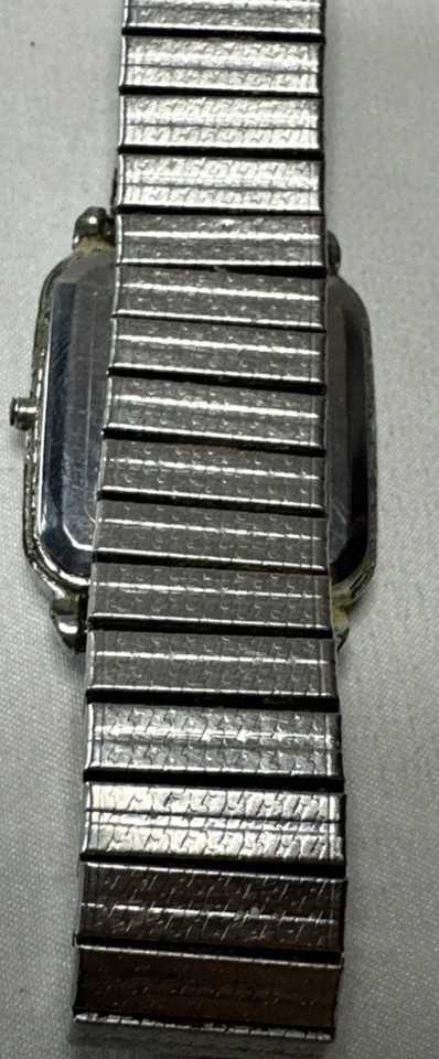 Vtg Timex Rectangular Men Watch Silver Tone 28mm Date Stretch Band New ...