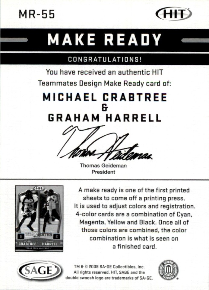 2009 SAGE HIT Make Ready Cyan #55 Michael Crabtree TM Graham Harrell ...