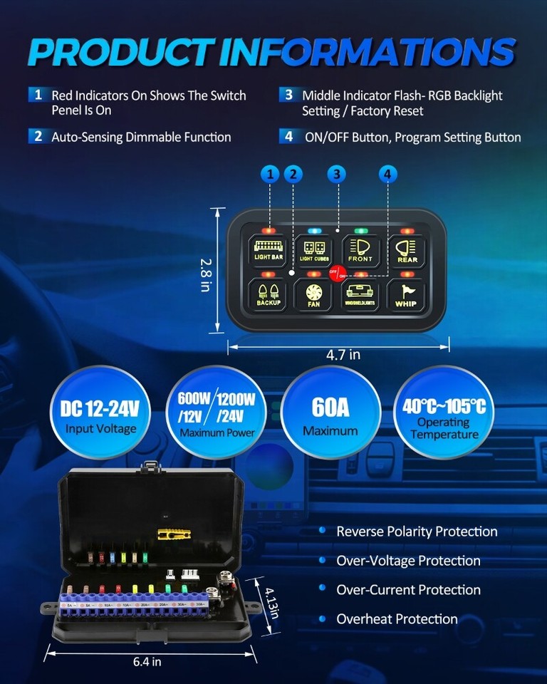 8 Gang Switch Panel RGB LED Lights for Jeep Wrangler JL Gladiator JT ...