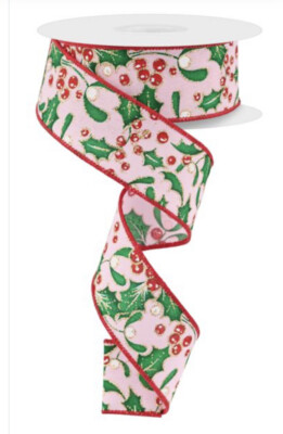 10 Yds -1 1/2” Wired Pink Christmas Ribbon With Holly Berries ...