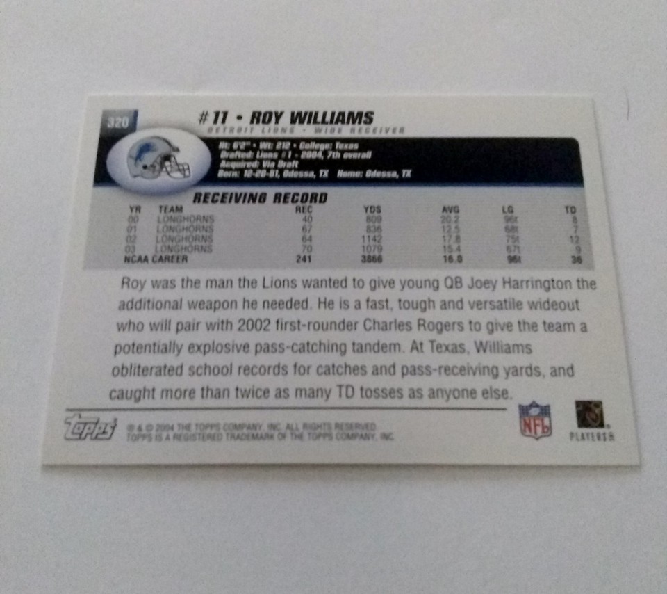 2004 Topps Football Roy Williams Rookie Card #320 Factory Set Break NM ...