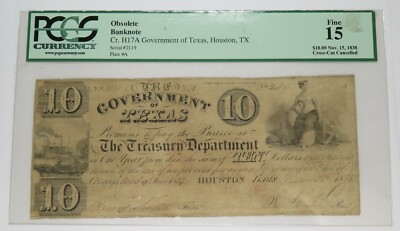 1838 PCGS 15 $10 SAM HOUSTON Government Republic Of Texas Bank Note ...