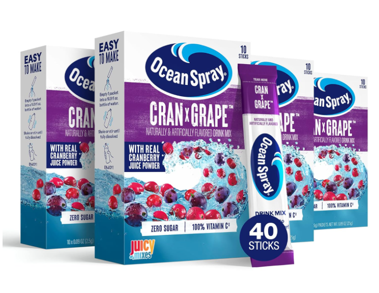 Ocean Spray Cran-Grape Zero Sugar Powder Drink Mix 40ct Packets, Real ...