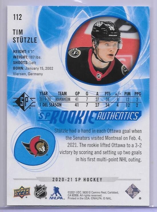 TIM STUTZLE 2020-21 UD SP/ROOKIE AUTHENTICS SP RC/GERMANY/OTTAWA ...