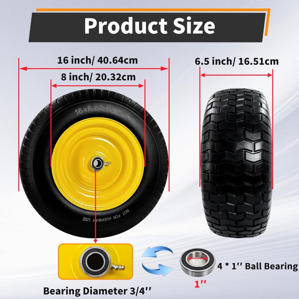 2PC Premium 16x6.5-8 Flat Free Front Tire and Wheel with 1" Bearing and ...