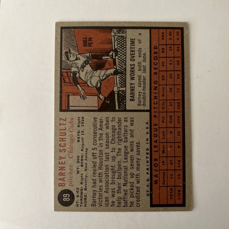 1962 Topps Baseball Barney Schultz Chicago Cubs Card #89 | eBay