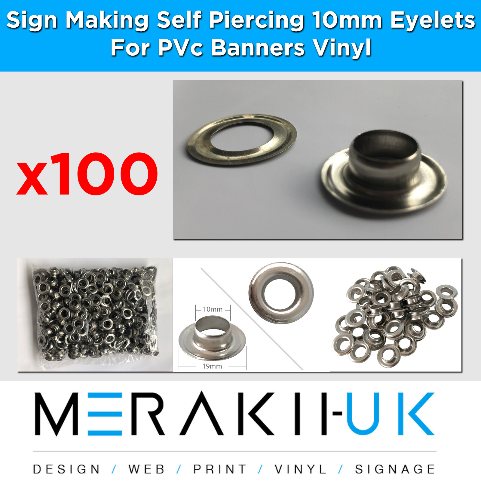 Banner Eyelets x100 Heavy Duty Self piercing eyelets 10mm 600GSM for ...