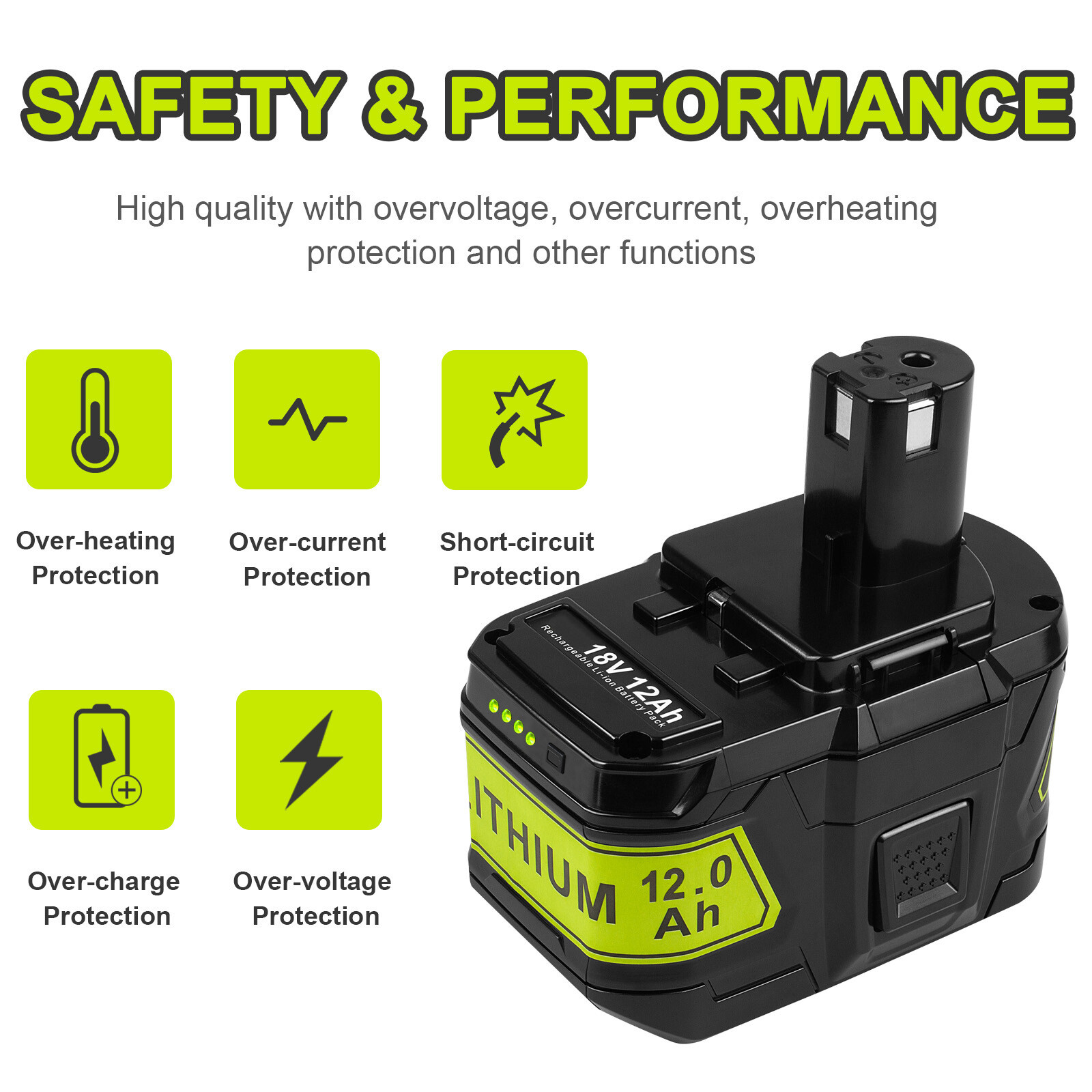 12Ah For RYOBI 18V Battery P108 High Capacity 18Volt Lithium-Ion P102 ...
