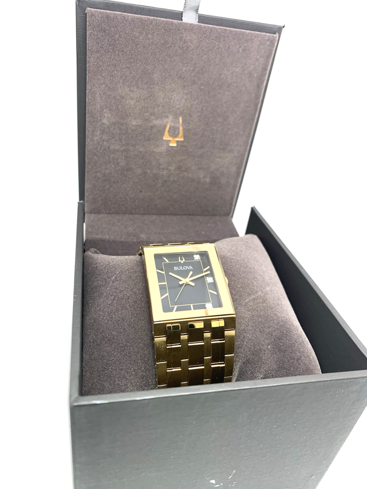 Bulova Men's Watch 97D132 Quadra Quartz Diamond Black Dial Gold Steel ...