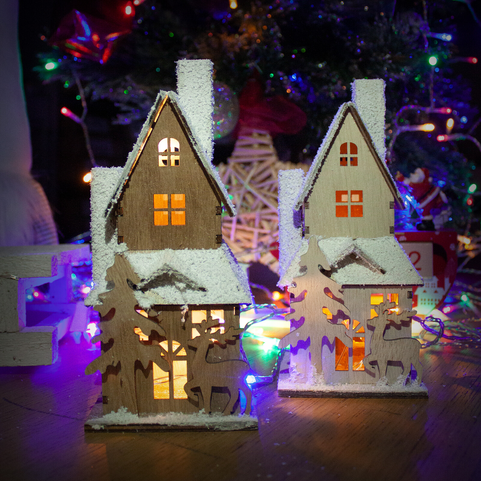 Christmas LED Scene House Tree Reindeer Light Up Wooden Decoration Xmas ...