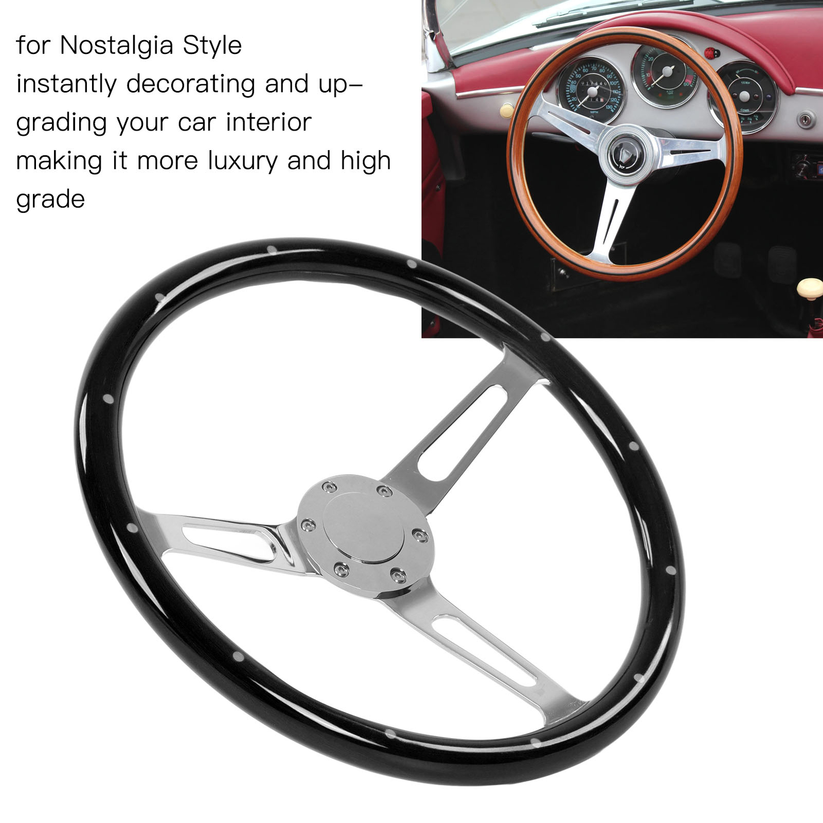 Black 380mm Steering Wheel Assembly Walnut Grip 3 Spoke Riveted 6 Hole ...