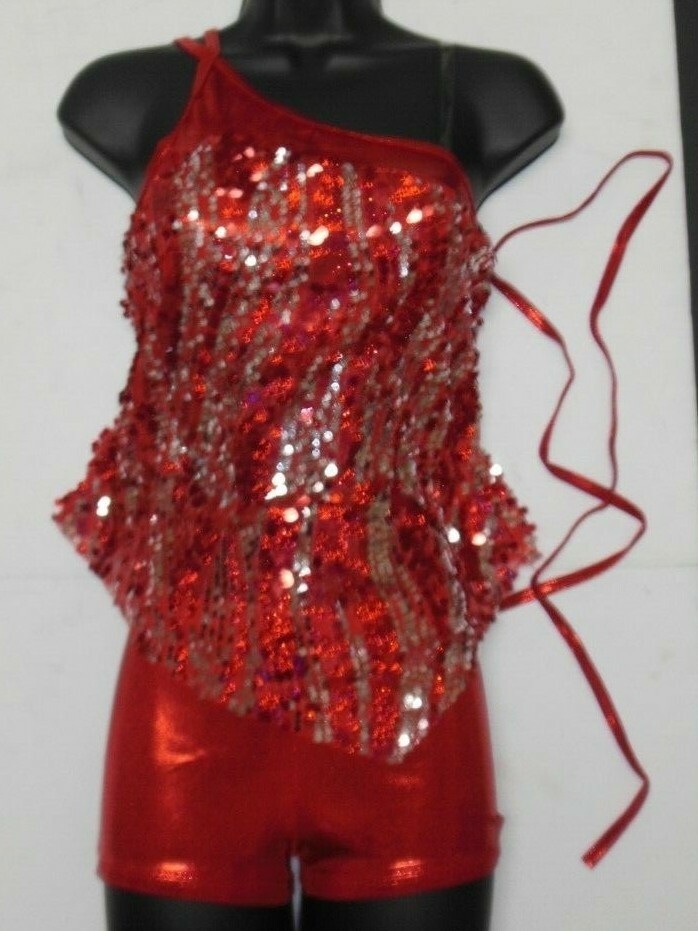 Red Silver Sequin Dance Costume Jazz Sheer top w/ oil booty shorts med ...