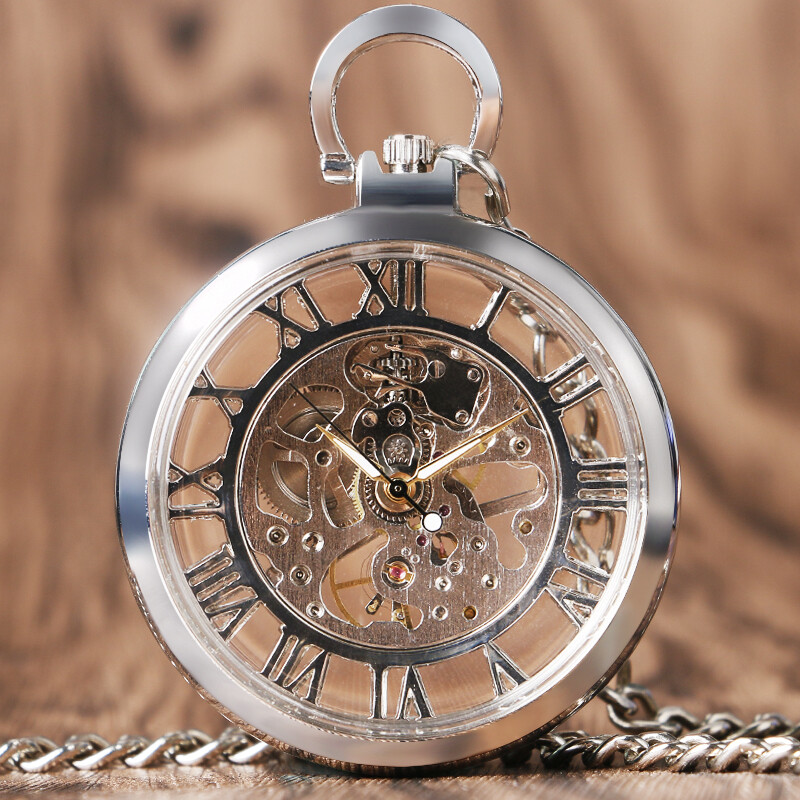 Mens Skeleton Pocket Watch Mechanical Silver Open Face Hand Wind FOB ...