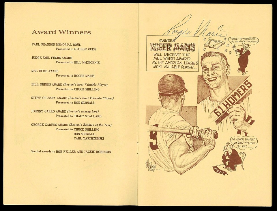 1962 Roger Maris Signed Baseball Writers Association 23rd Annual ...