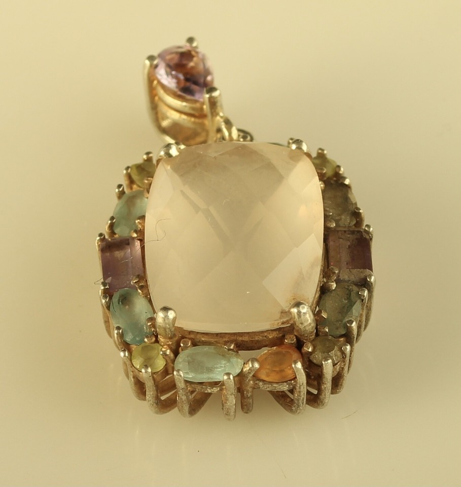 Vintage Sterling Silver Handmade Inlay Multi Stone Square Rose Quartz ...