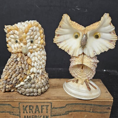 TWO Vintage Handcrafted Sea Shell Folk Art Owls Figurine Statues Beach ...